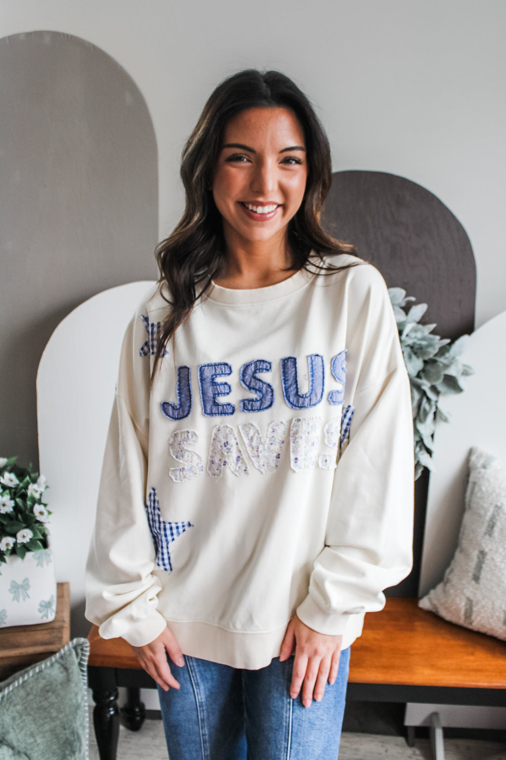 Jesus Saves Patchwork Pullover • Cream – The Dirt Road (TDR)